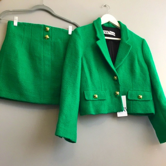 Zara | Jackets & Coats | Zara Green Tweed Set Zara Textured Two Piece ...